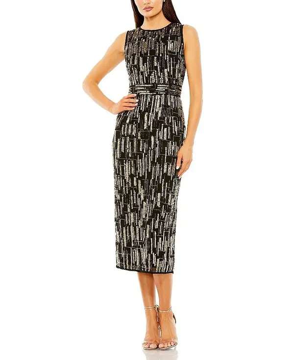 Mac Duggal Abstract Beaded Midi Dress - Black Gold | Editorialist