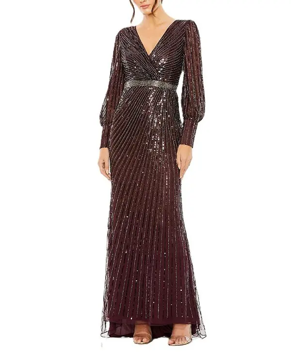 Mac Duggal Sequined Bishop Sleeve Gown - Blackberry