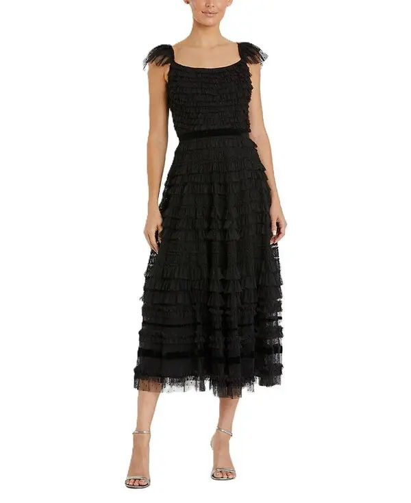 Mac Duggal Ruffle Cap-sleeve Tiered Midi Dress - Black