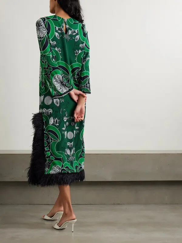 midi seraphina dress green Seraphina Crystal-embellished Feather-trimmed Midi Dress