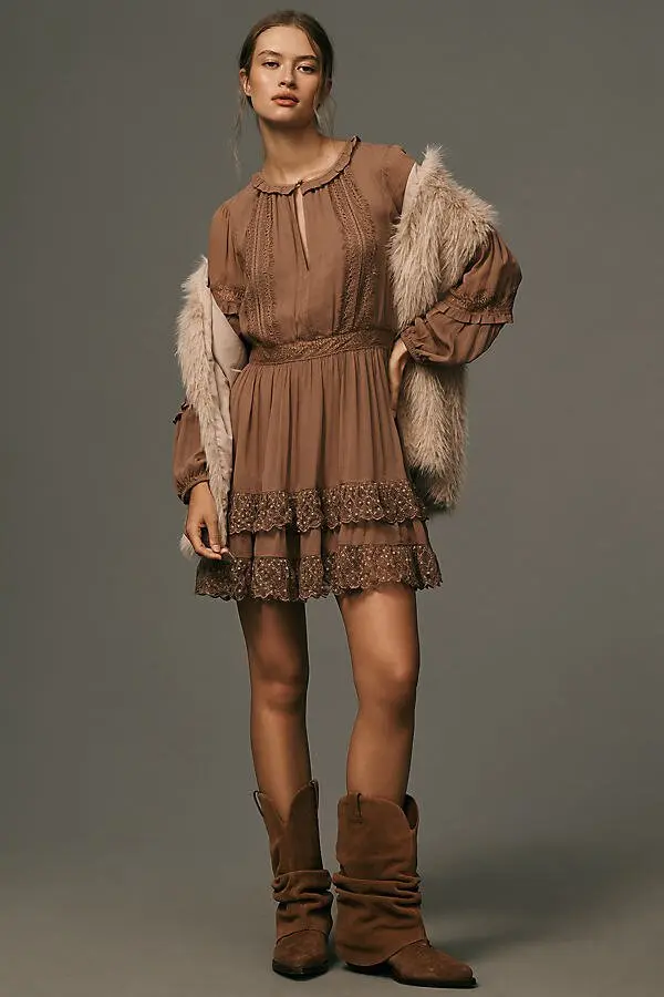 anthropologie brown lace dress Pleated Mini In - 44% Off ITD4897 Color:Pearl Black Dazzling Sexy Off-shoulder Slit Adjustable cross