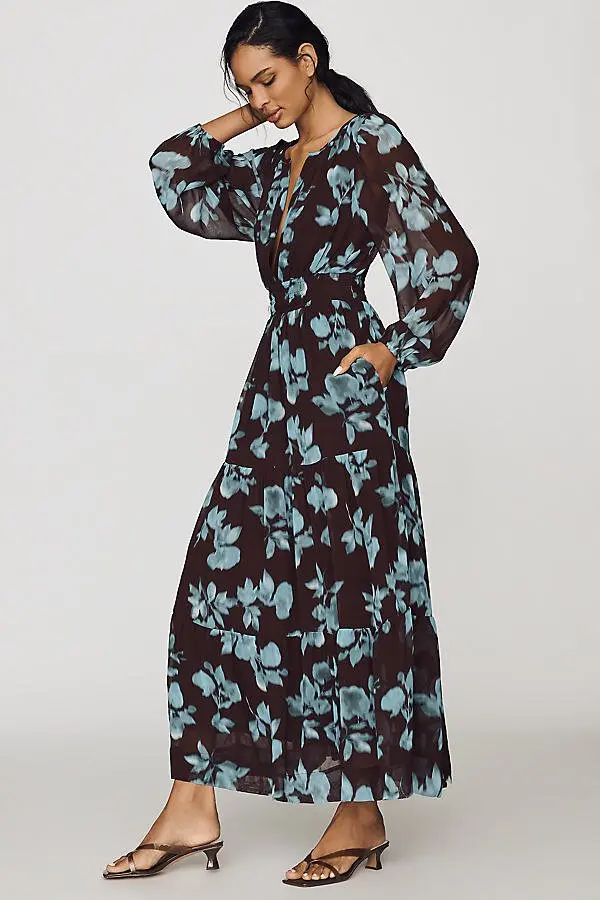 anthropologie chiffon dress Anthropologie The Marais Printed Chiffon Maxi Dress Size S Sheer