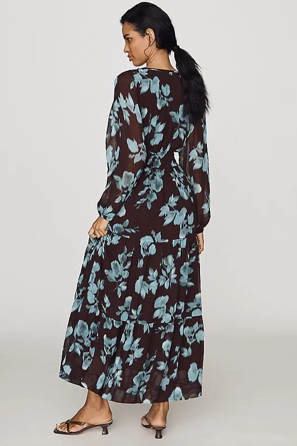 floral a-line maxi dress anthropologie Anthropologie Navy Floral Quilted Bodice Maxi Dress A Line M Long