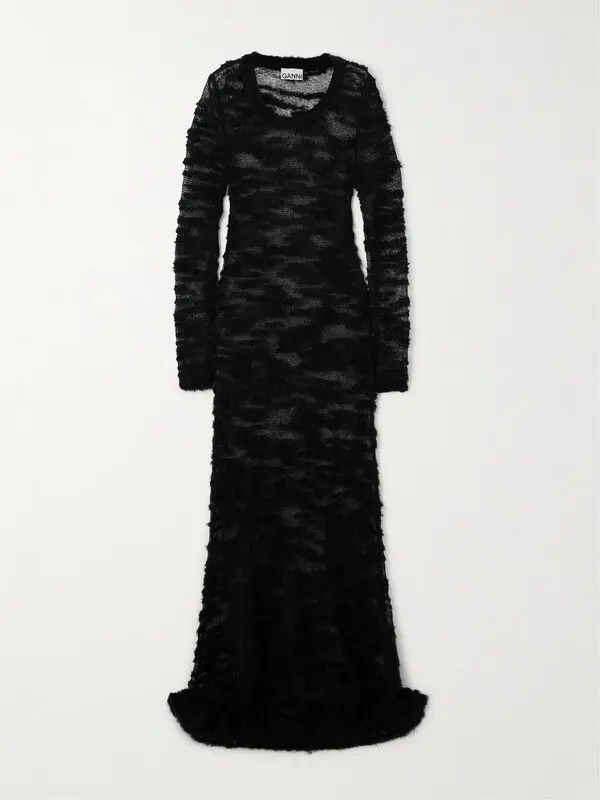 Ganni Open-Knit Boucl Maxi Dress In Black - 60% Off | Editorialist