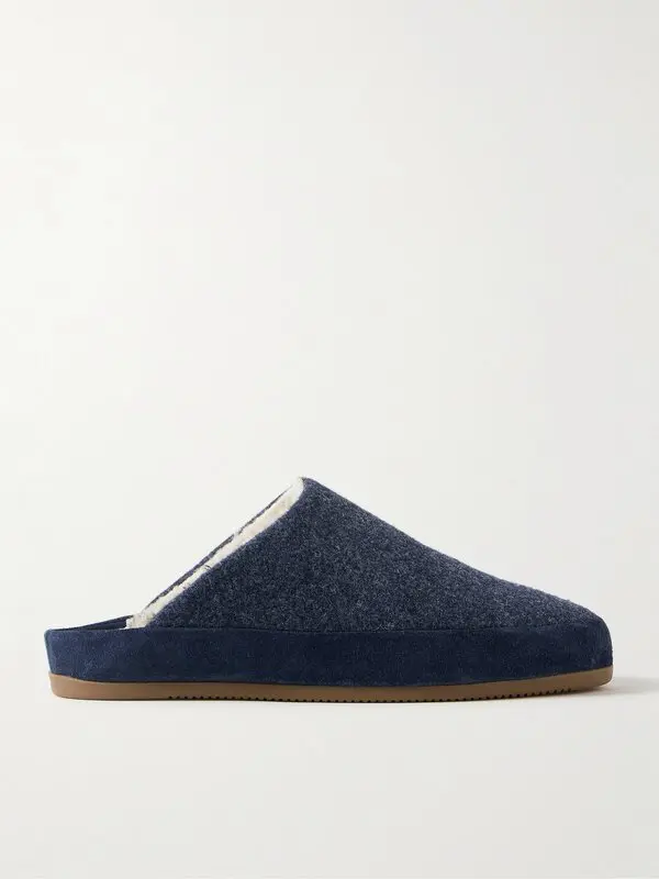 Mulo Suede-trimmed Shearling-lined Wool Slippers - Blue