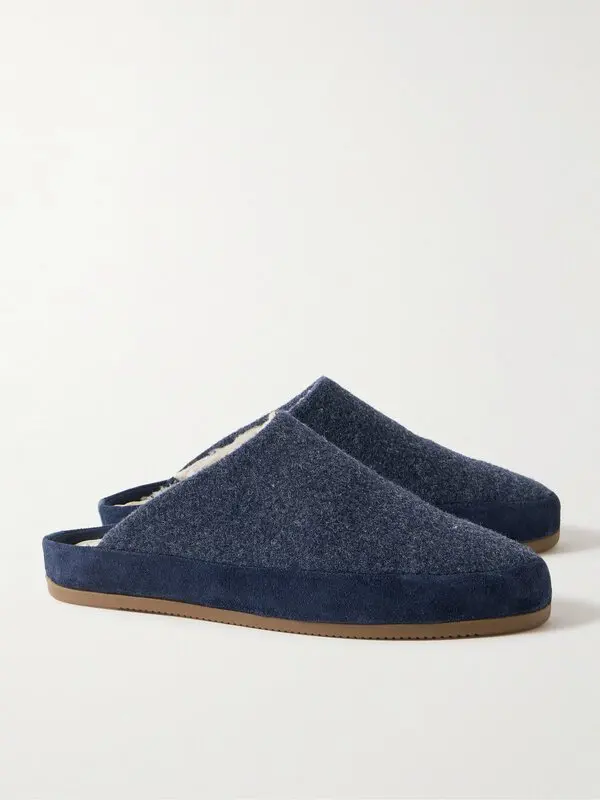 Mulo Suede-trimmed Shearling-lined Wool Slippers - Blue