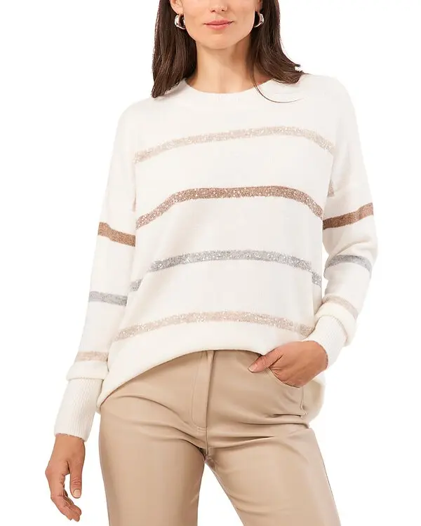 Vince Camuto Striped Sequined Sweater - Antique White