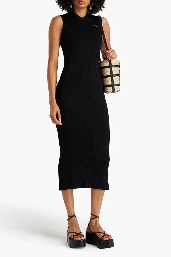 Marni Embroidered Ribbed-knit Midi Dress