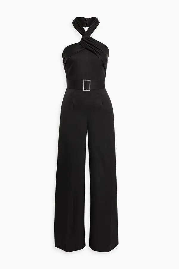 Halston Kani Crystal-embellished Satin-crepe Jumpsuit - Black