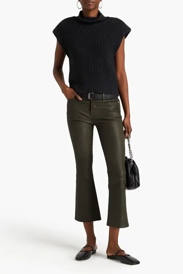 FRAME Le Crop Mini Boot Leather Bootcut Pants - Dark Green