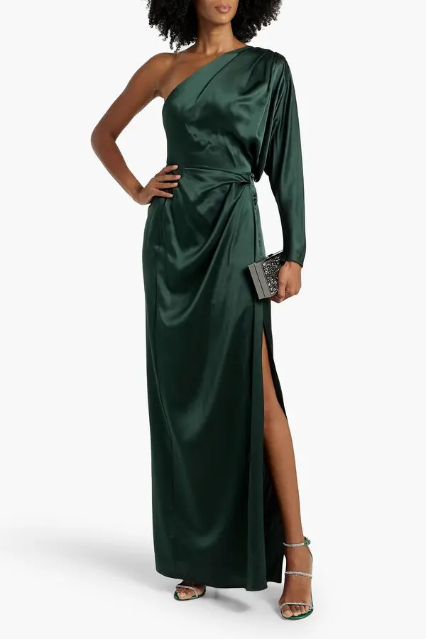 michelle mason one-shoulder draped silk dress Michelle Mason Draped One Shoulder Gown in Blush
