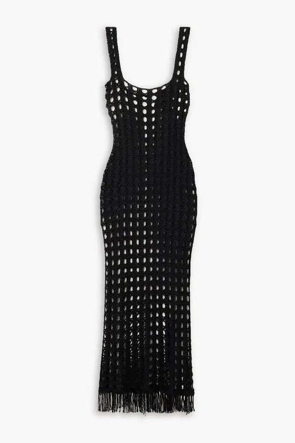 Calle Del Mar Fringed Crochetknit Midi Dress In Black - 75% Off |  Editorialist