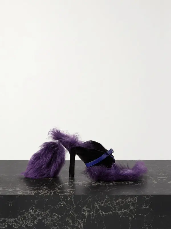 Burberry Faux Fur-trimmed Leather And Velvet Mules - Purple