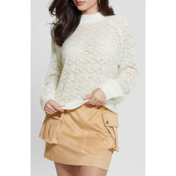 Guess Kensley Open Stitch Mock Neck Pullover - Cream White