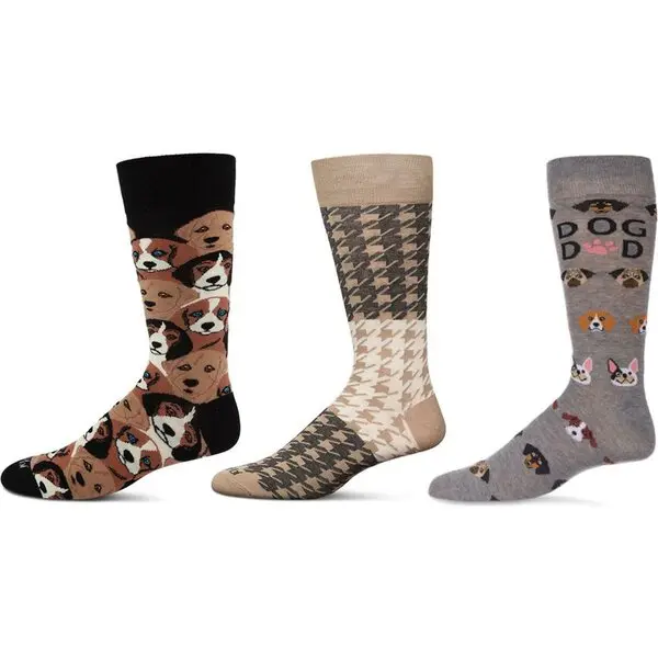 MEMOI Pet Lover's Assorted 3-pack Crew Socks - Gray-black