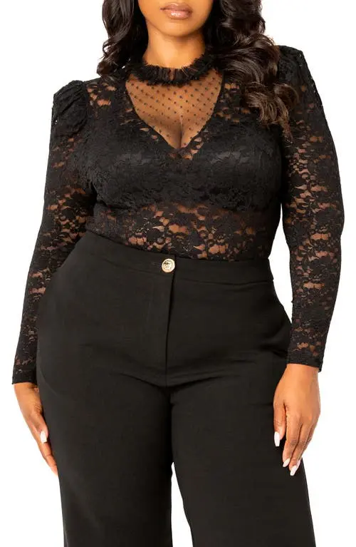 BUXOM COUTURE Sheer Stretch Lace Long Sleeve Bodysuit - Black