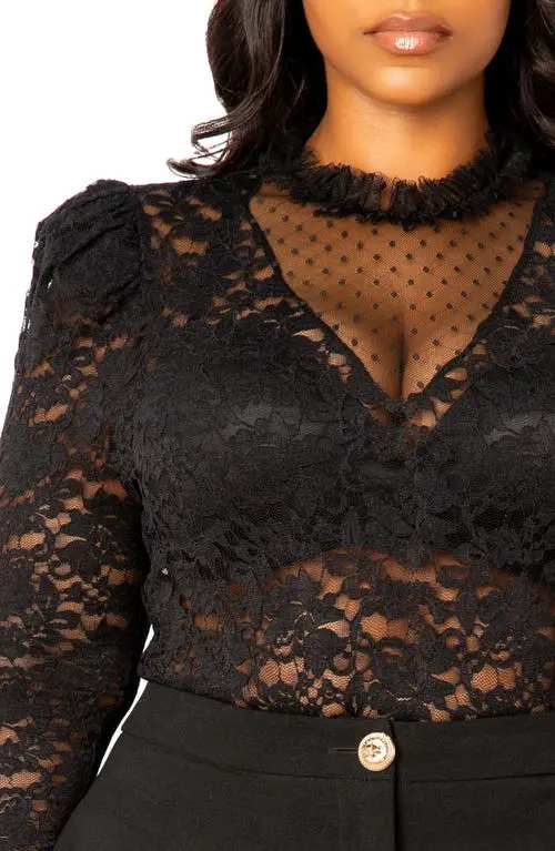BUXOM COUTURE Sheer Stretch Lace Long Sleeve Bodysuit - Black