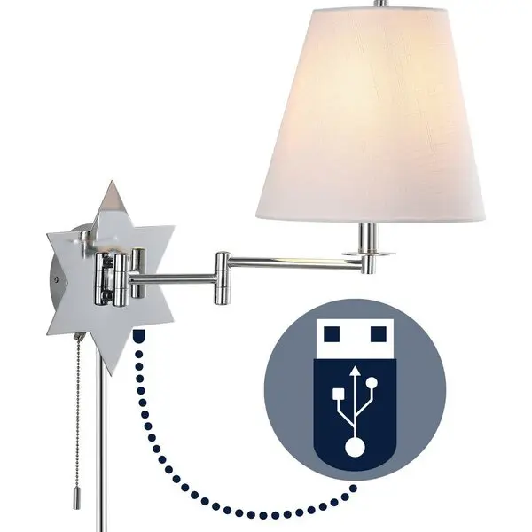 JONATHAN Y David 1-light Modern French Country Swing Arm Plug-in Or Hardwired Iron Led Star Wall Sconce With Pull-chain And Usb Charging Port - Chrome/grey