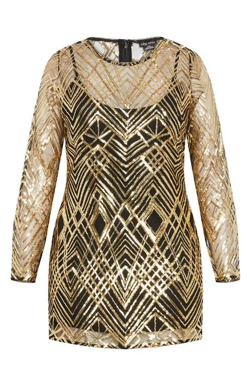 City Chic Braylin Long Sleeve Sequin Mini Dress - Gold Geo