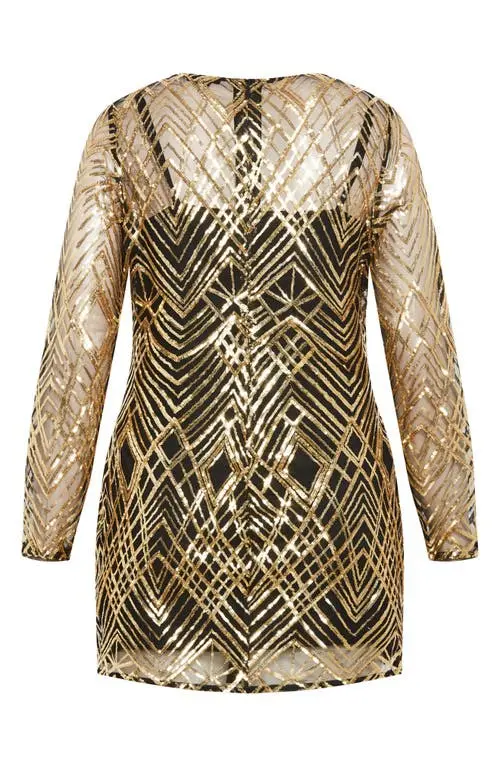 City Chic Braylin Long Sleeve Sequin Mini Dress - Gold Geo