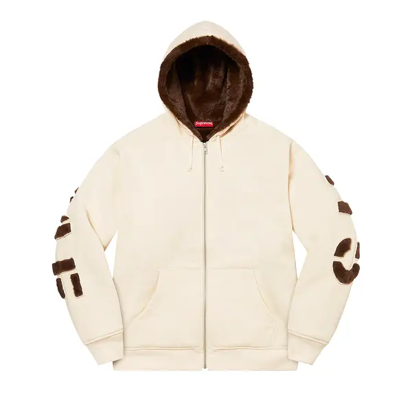 Supreme Faux Fur Lined Zip Up Hooded Sweatshirt - Cream