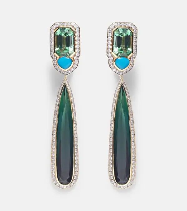 Marina B Quarta 18kt Gold Drop Earrings With Tourmalines, Turquoise, And Diamonds - Green
