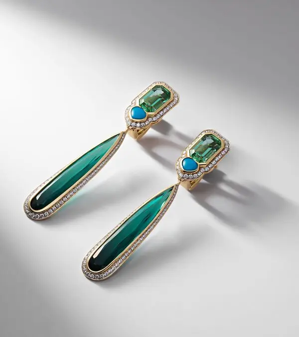 Marina B 18kt Yellow Gold Drop Earrings With Tourmaline, Turquoise, And Diamonds