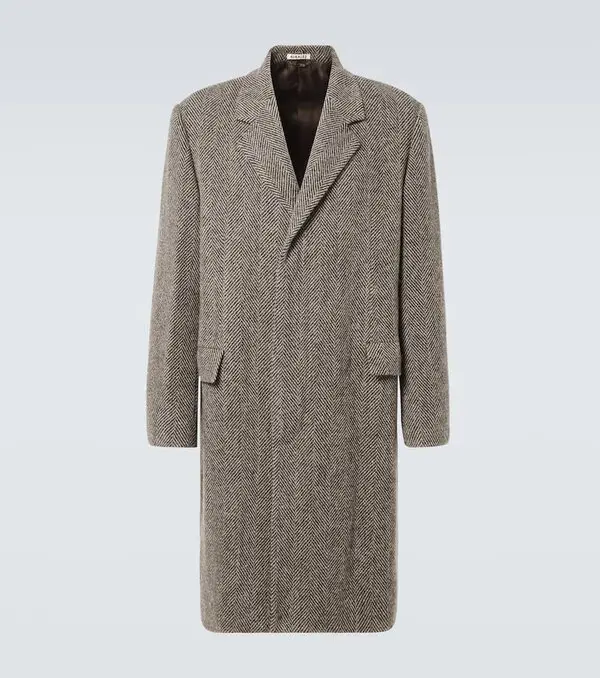 Auralee Herringbone Wool And Alpaca Tweed Coat In Brown - 30% Off