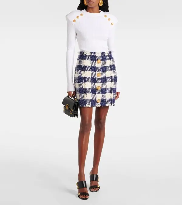 Balmain Checked High-rise Tweed Miniskirt
