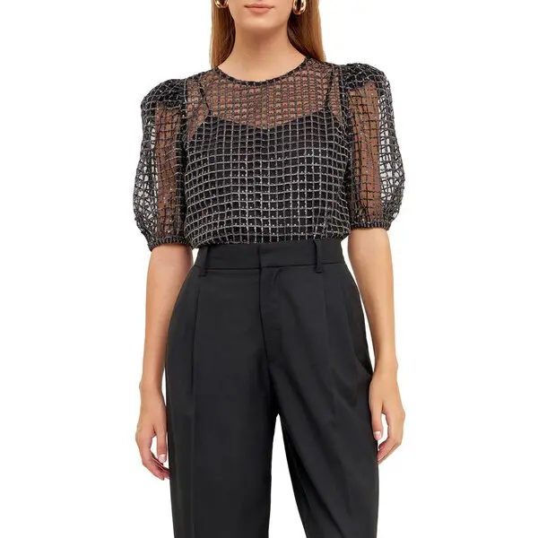 Endless Rose Sequin Grid Mesh Top - Black