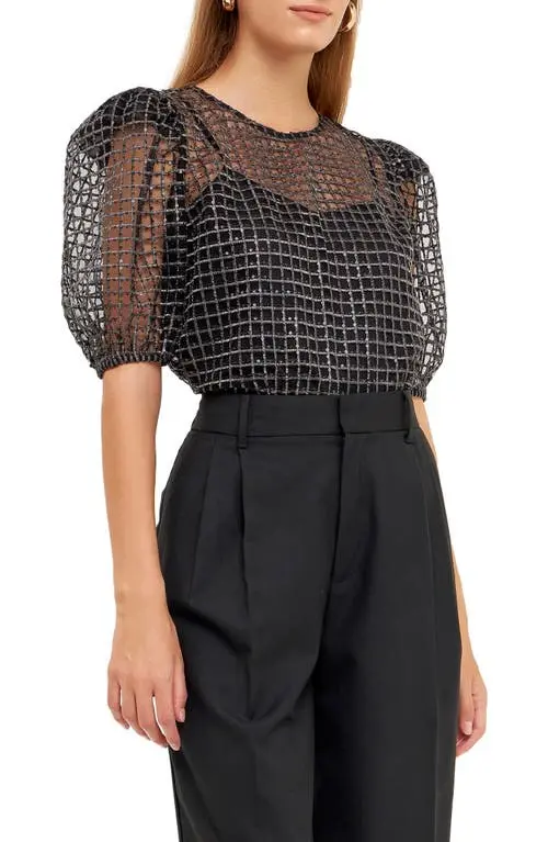 Endless Rose Sequin Grid Mesh Top - Black