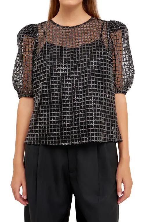 Endless Rose Sequin Grid Mesh Top - Black