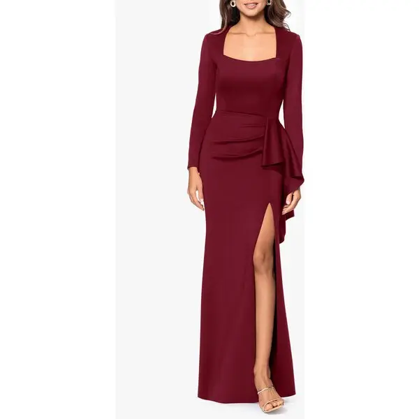 XSCAPE EVENINGS Side Ruffle Long Sleeve Scuba Knit Gown