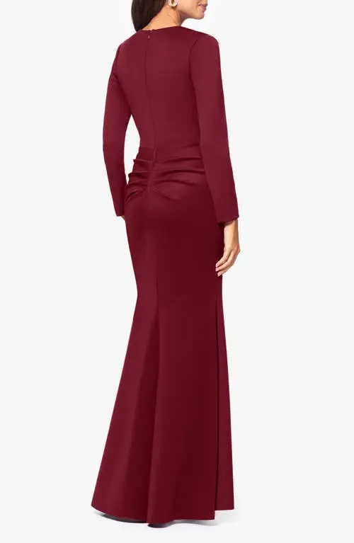 XSCAPE EVENINGS Side Ruffle Long Sleeve Scuba Knit Gown