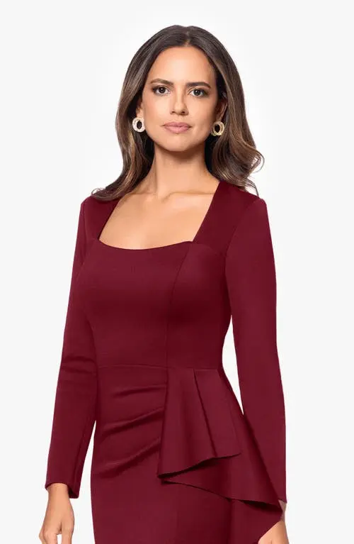 XSCAPE EVENINGS Side Ruffle Long Sleeve Scuba Knit Gown