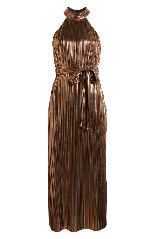 Anne Klein Metallic Pleated Maxi Dress - Bronze | Editorialist