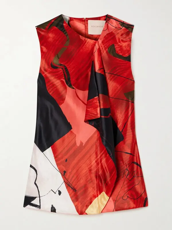 ROKSANDA Kiara Draped Printed Satin Tank - Red