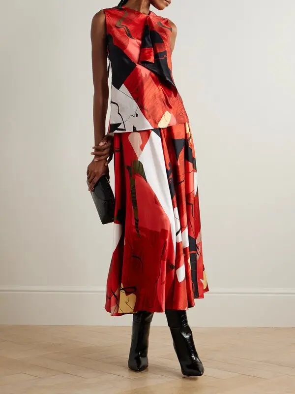 ROKSANDA Kiara Draped Printed Satin Tank - Red