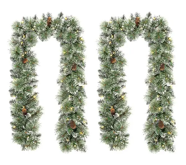 GLITZHOME 6' Pre-lit Frosted Greenery Christmas Garland S/2 - One-color