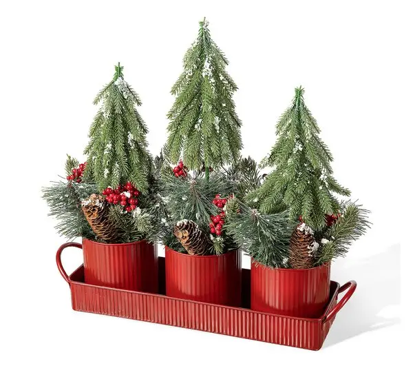 GLITZHOME 26l Christmas Potted Triple Trees Centerpiece - One-color