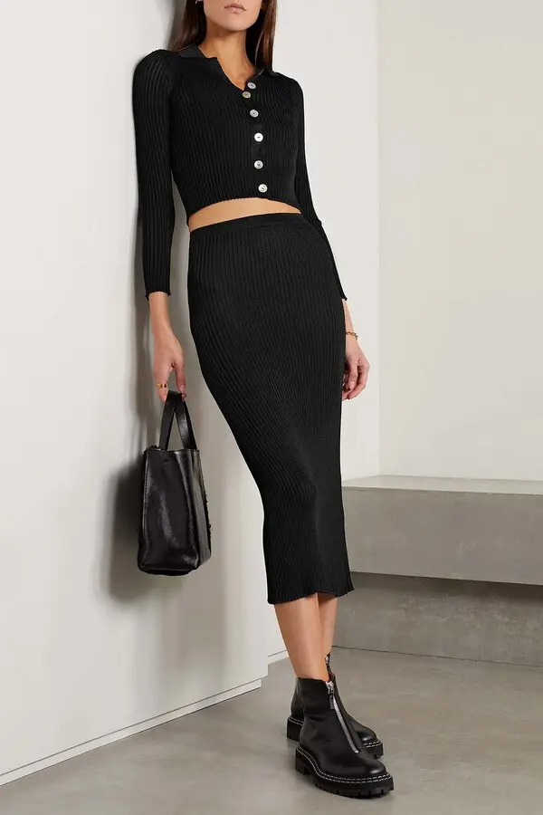 Calle Del Mar Ribbed-knit Midi Skirt - Black