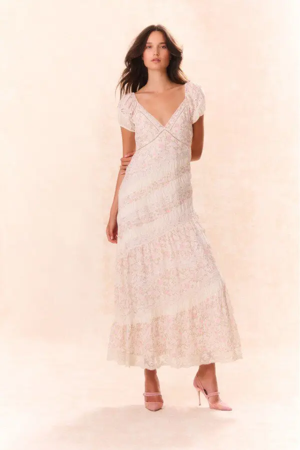 floral yellow maxi dress ASTR the Label | Hana Ruffle Trim Chiffon Maxi Dress in Green Peach Tropical