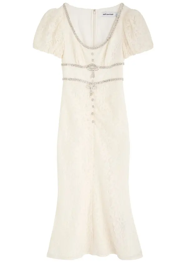 Self-Portrait Crystal-Embellished Guipure Lace Midi Dress In Cream - 54%  Off | Editorialist