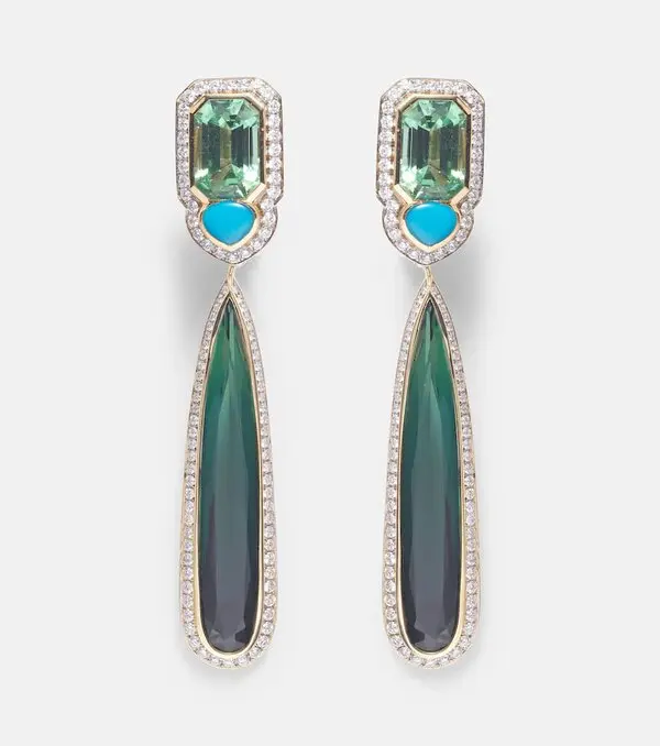 Marina B 18kt Gold Drop Earrings With Tourmalines, Turquoise, And Diamonds - Green