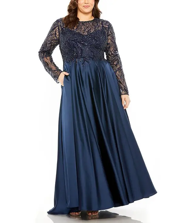 Mac Duggal Sheer Long Sleeve Beaded Gown