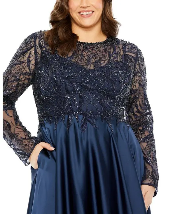 Mac Duggal Sheer Long Sleeve Beaded Gown