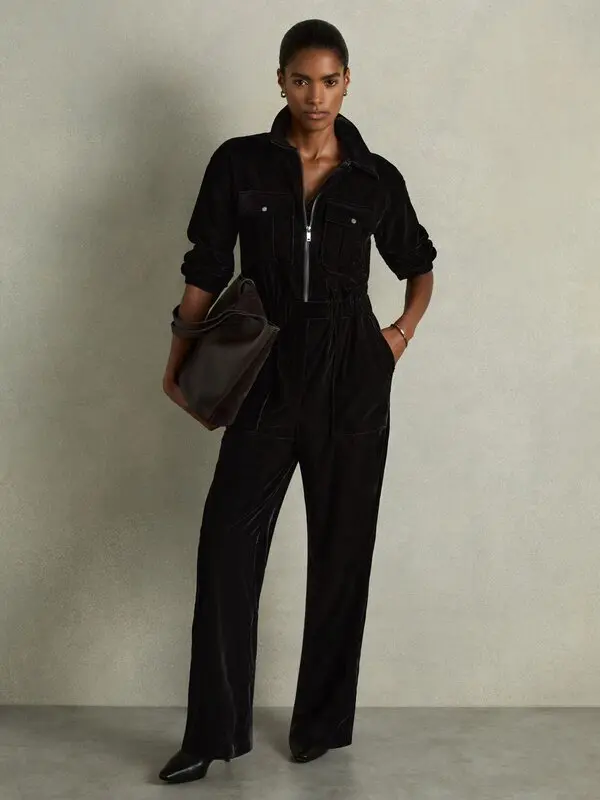 REISS Vinnia Patch-pocket Velvet Jumpsuit - Black