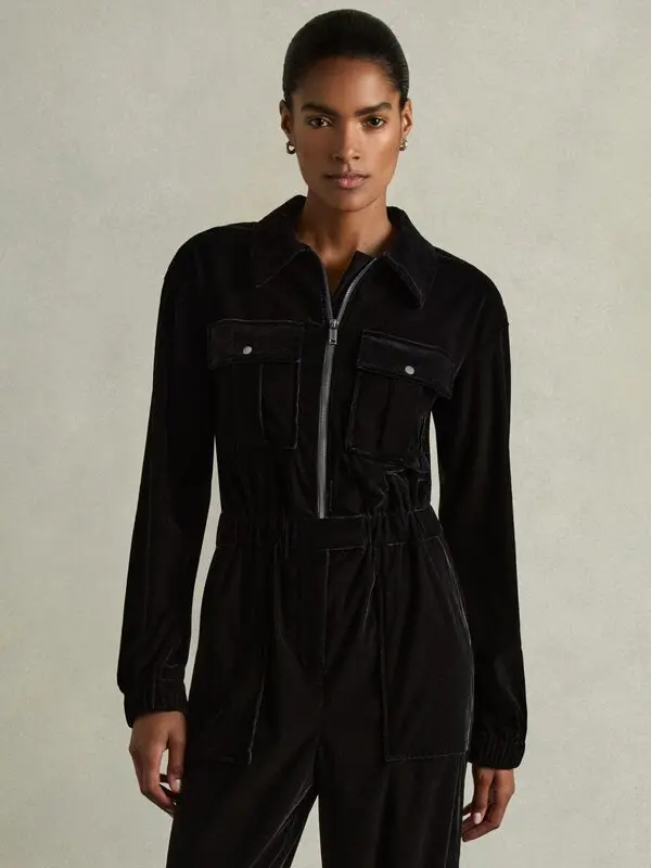 REISS Vinnia Patch-pocket Velvet Jumpsuit