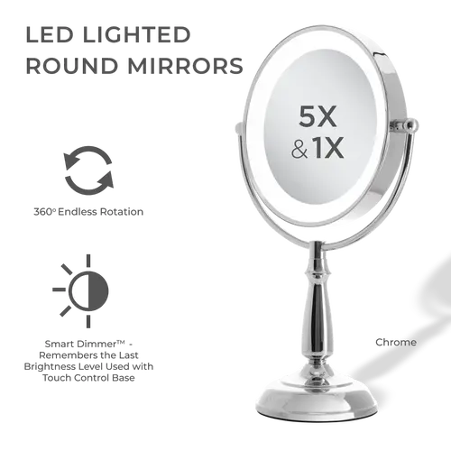 ZADRO Lighted Makeup Mirror With 5x/1x Magnification & Touch Base Controls - Chrome