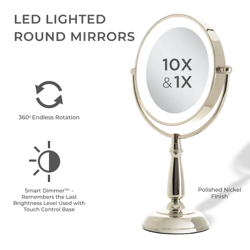 ZADRO Lighted Makeup Mirror With 10x/1x Magnification & Touch Base Controls - Polished Nickel